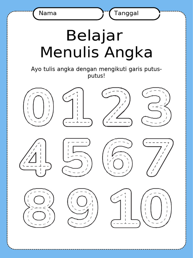 Belajar Menulis Angka Lembar Kerja Putih Dan Biru Sederhana | PDF