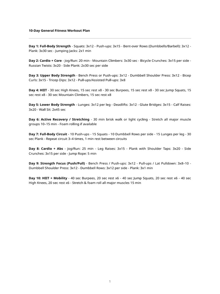 10 Day Workout Plan | PDF