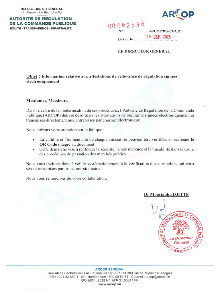 Lettre N°2536 - Signature Électronique Attestation de Redevance | PDF