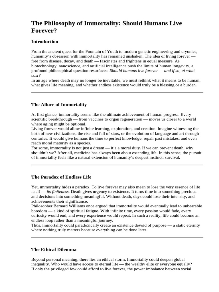 The Ethics of Human Immortality | PDF | Immortality | Death