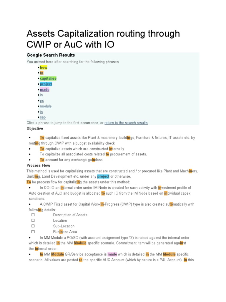 Assets Capitalization Routing Through CWIP or AuC With IO | PDF ...