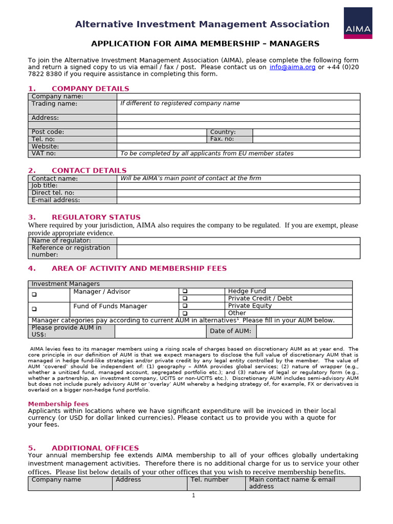 AIMA Application Form Corporate Managers | PDF | Hedge Fund | Arbitrage