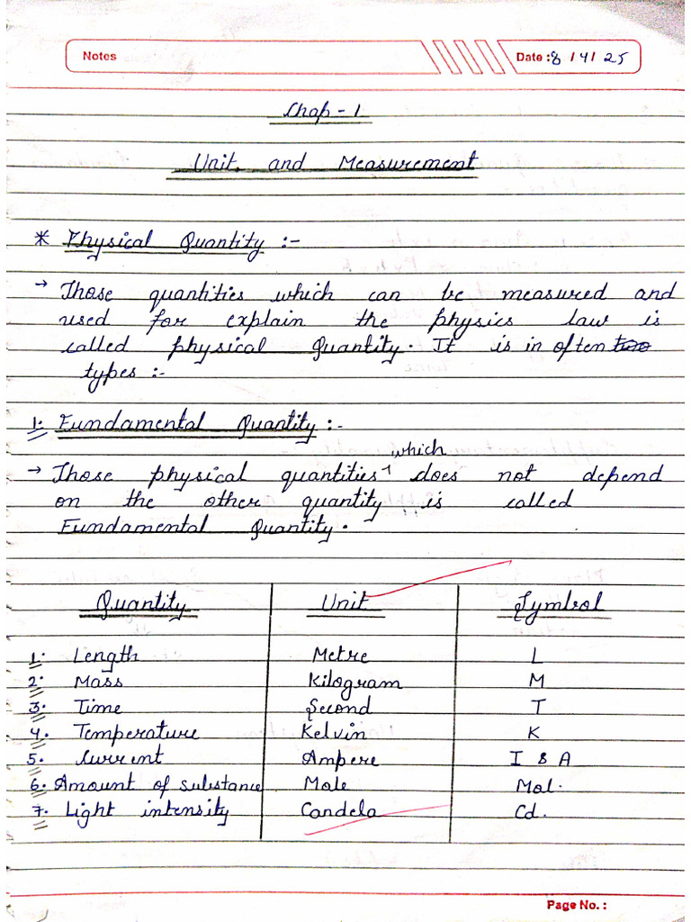 Class 11th Chapter 1 of Physics (Unit and Measurement) Notes | PDF