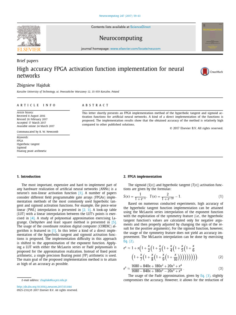 High Accuracy FPGA Activation Function Implementation For Neural Networks | PDF | Field ...