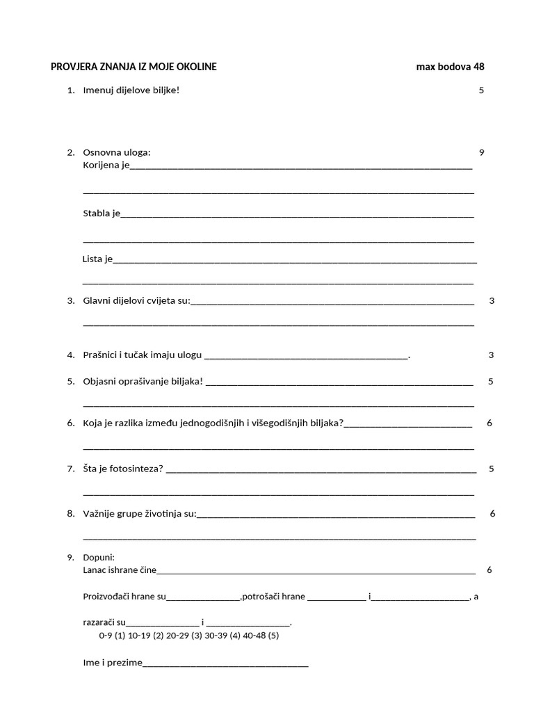 Provjera Znanja Iz Moje Okoline 4. Raz Max Bodova 48 | PDF