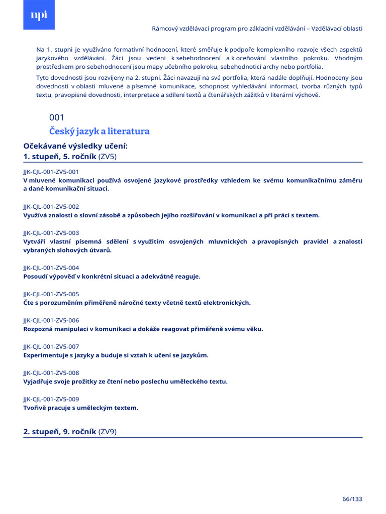 Esk Jazyk A Literatura: O Ekávané V Sledky U Ení: 1. Stupe, 5. Ro Ník | PDF