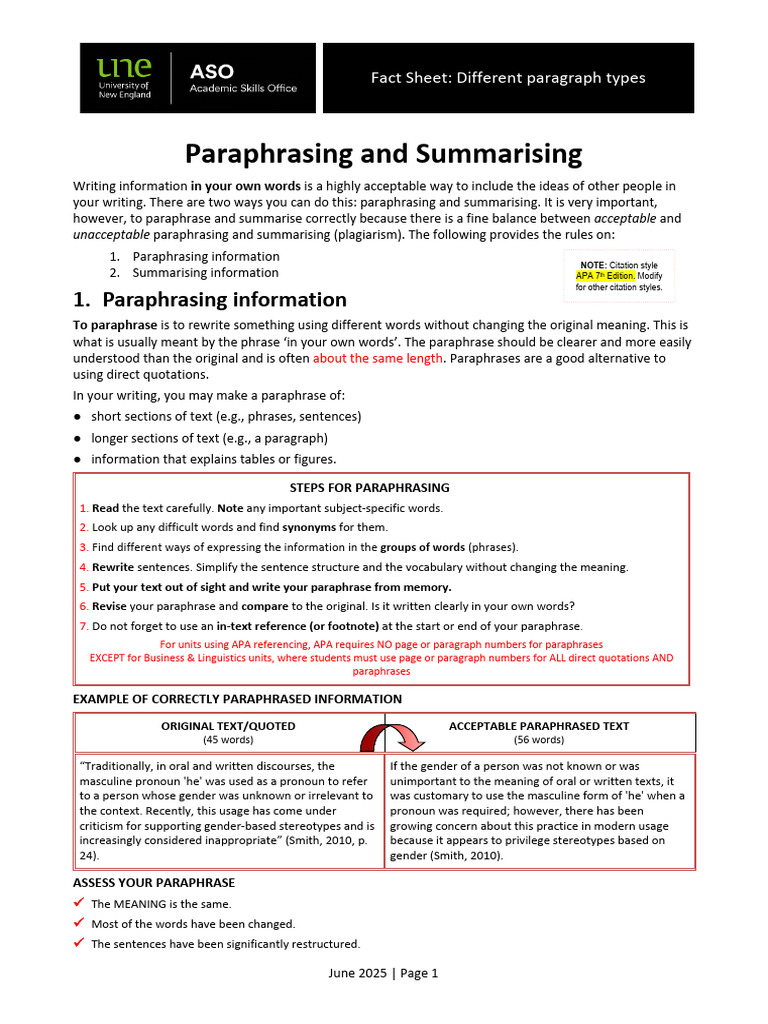 Paraphrasing and Summarising 1 | PDF | Grammatical Gender | Citation