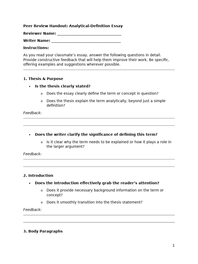 Peer Review Handout - Definition Essay | PDF | Essays | Peer Review