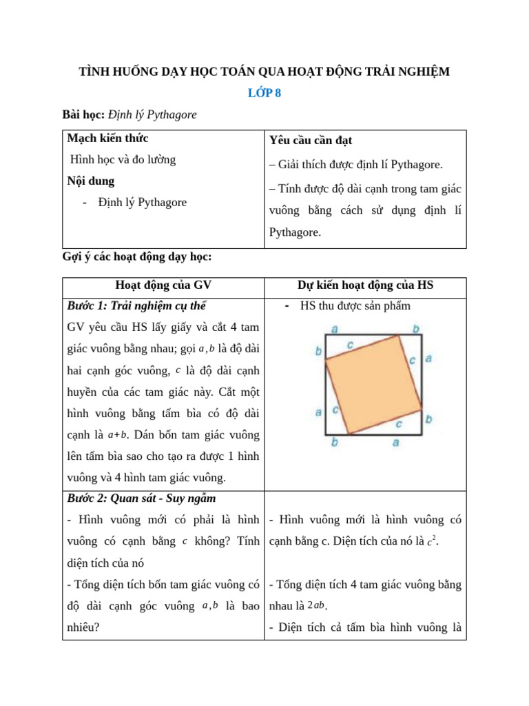 Ví Dụ Dạy Học Trải Nghiệm - Định Lý Pitago | PDF