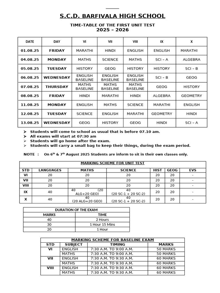 First Unit Test Timetable 2025-2026 | PDF | Mathematics
