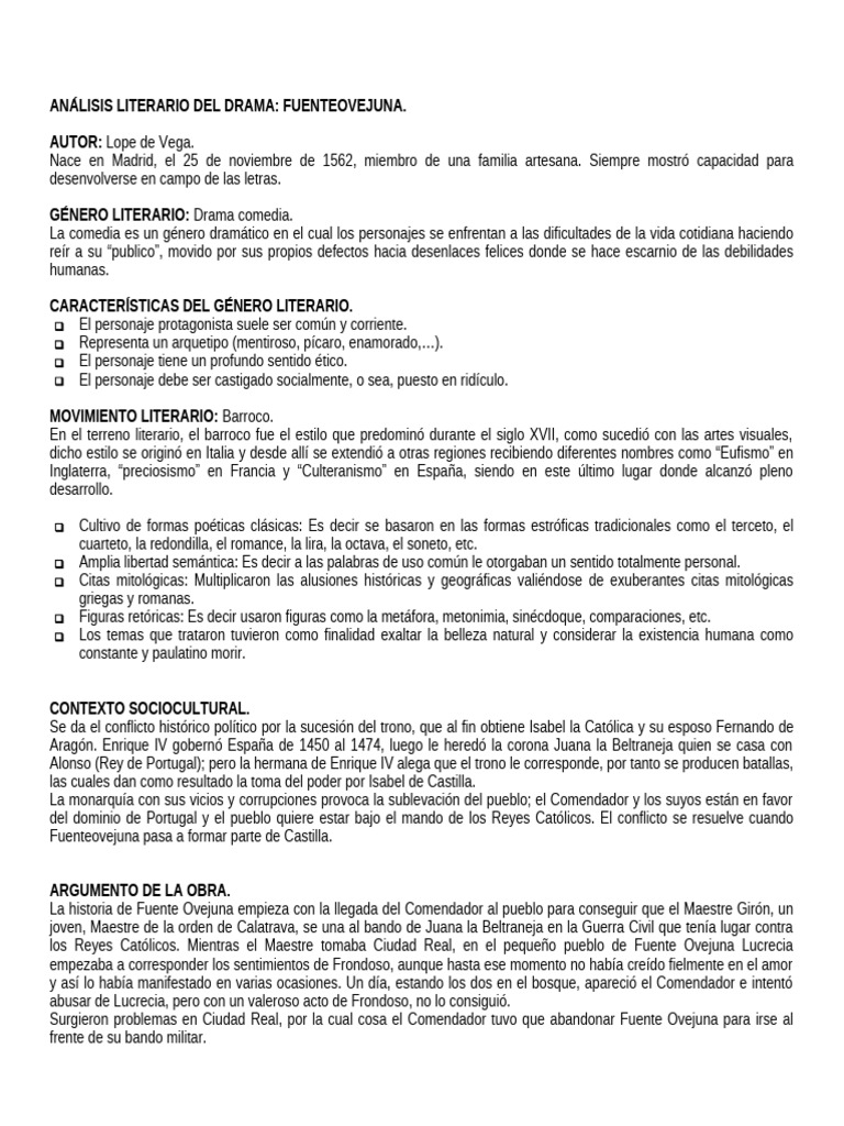 Análisis de Fuenteovejuna de Lope de Vega | PDF