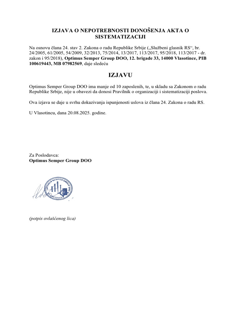 Izjava o Nepotrebnosti Donošenja Akta o Sistematizaciji Optimus | PDF