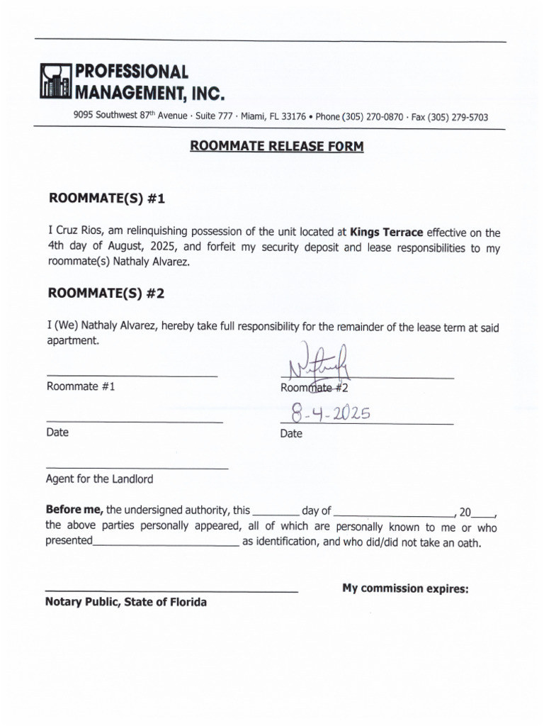 296 12575 204 Alvarez Roomate Release Form | PDF