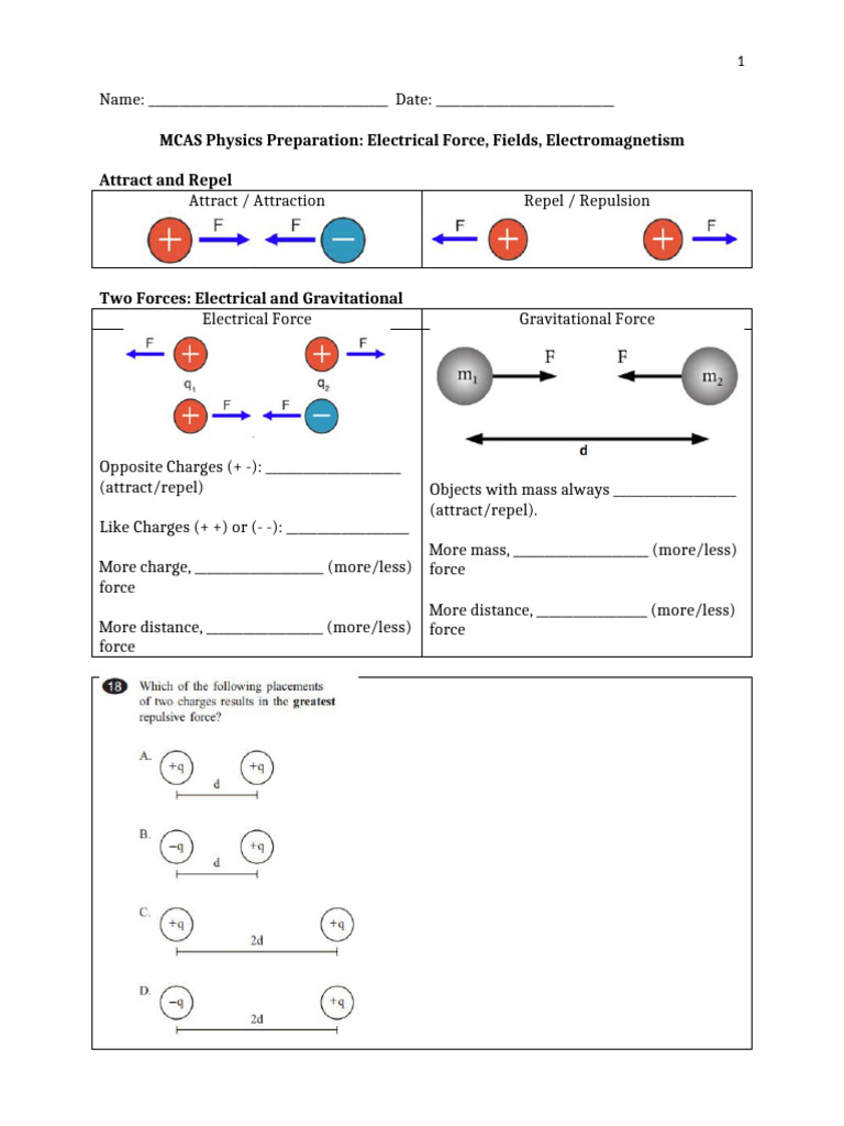 Mcas Physics Electrical Forces Fields Pdf Force Newton S Law