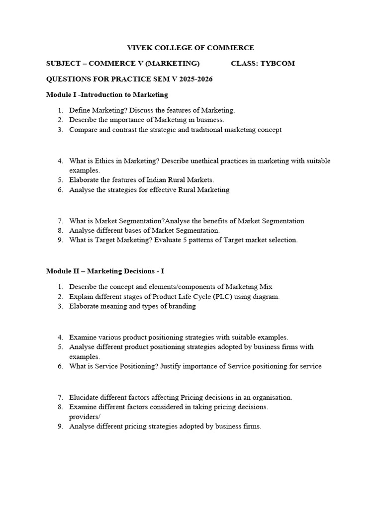 Tybcom Com V Sem V Question Bank 2025-26 | PDF | Marketing | Brand