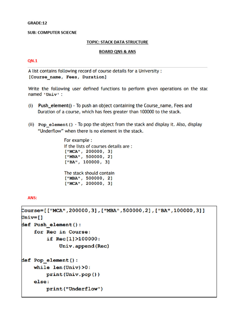 Stack - Board Qns and Ans - 2024 | PDF