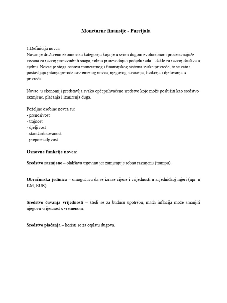 Monetaarne Finansije - Parcijala | PDF