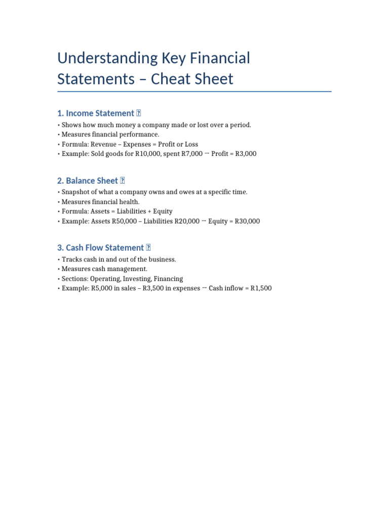 Financial Statements Cheat Sheet | PDF