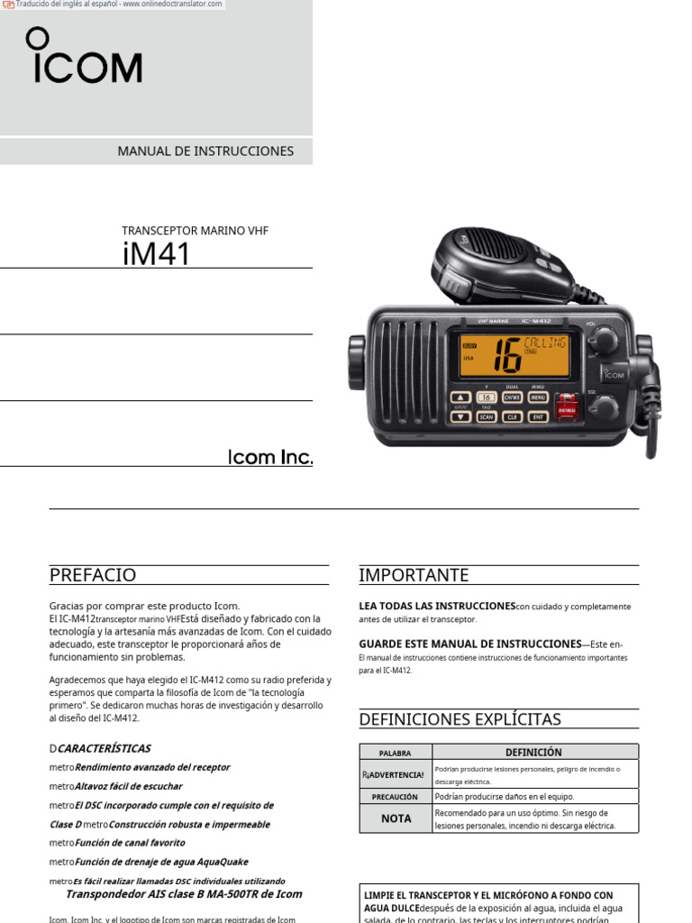 Manual IC-M412: Transceptor VHF Marino | PDF | Radio | Antena (Radio)