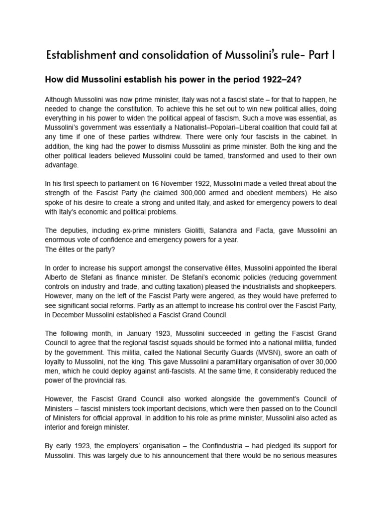 Establishment and Consolidation of Mussolini's Rule - Part 1 - Reading ...
