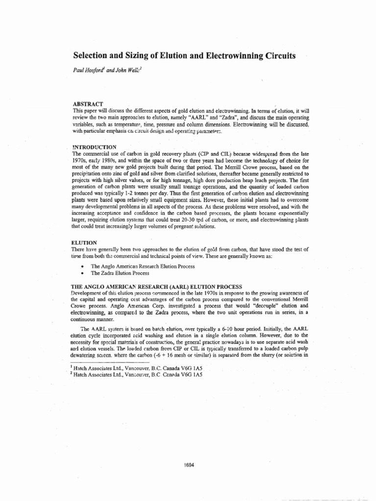 Hosford and Wells - Selection and Sizing of Elution and Electrowinning ...