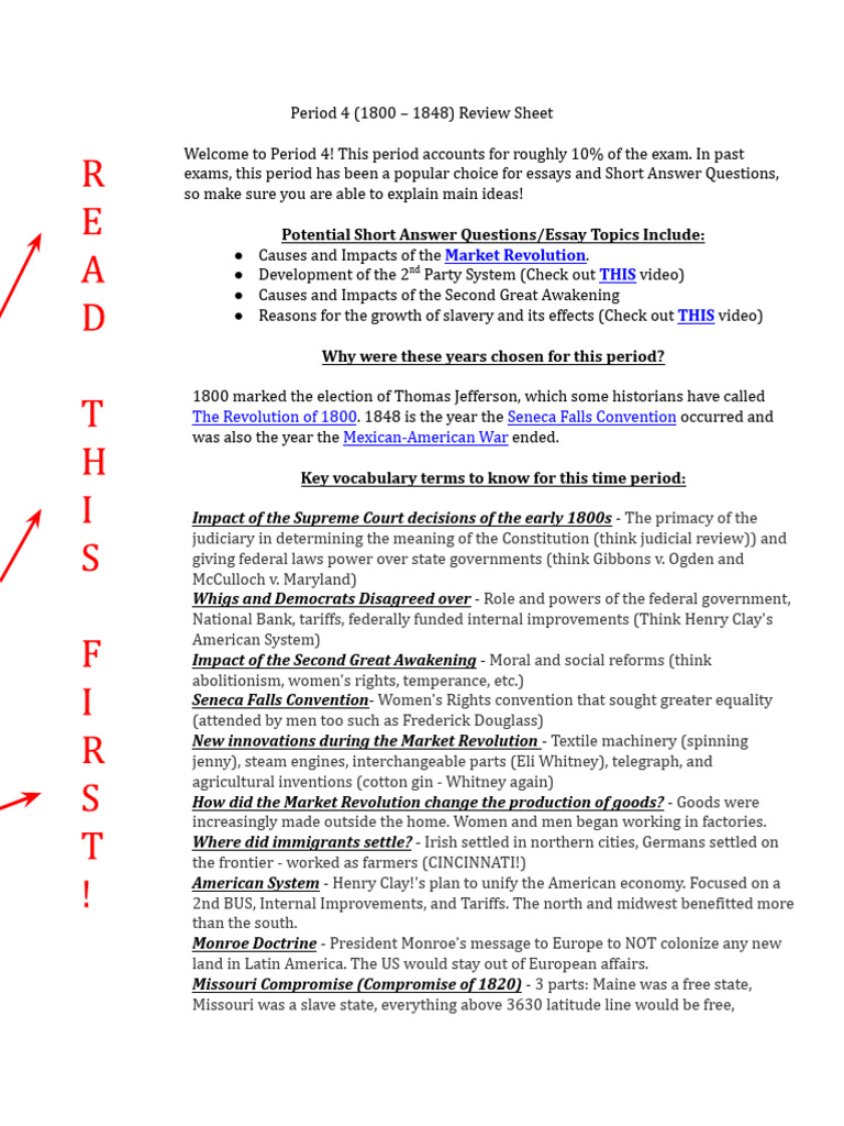 Period 4 (1800-1848) Review Sheet - Google Docs | PDF