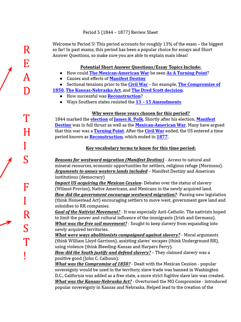 Period 5 (1844-1877) Review Sheet | PDF