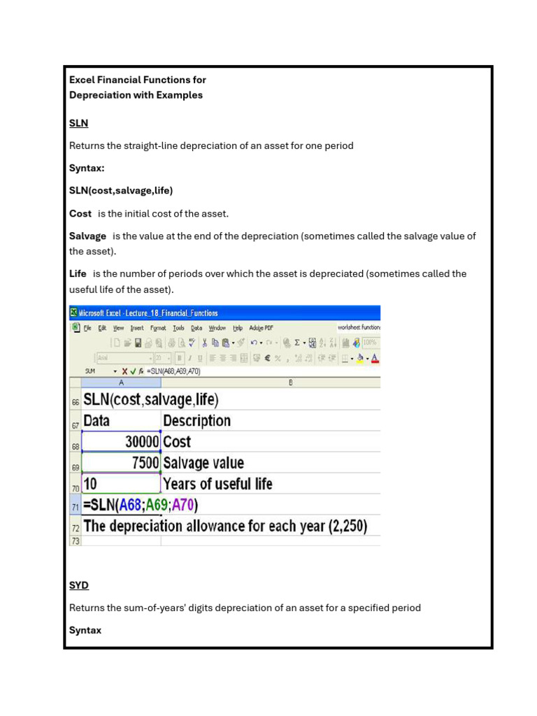 Excel Financial Functions for Depreciation With Examples | PDF ...