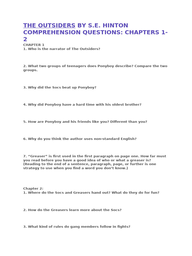 The Outsiders - Comprehension Questions | PDF