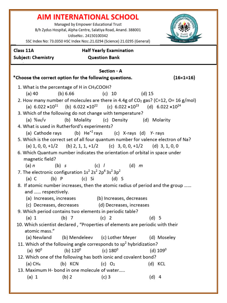 Class 11 Chemistry Question Bank | PDF | Chemical Bond | Periodic Table