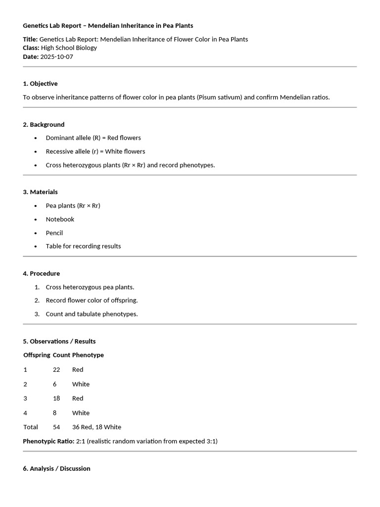 Genetics Lab Report – Mendelian Inheritance in Pea Plants | PDF