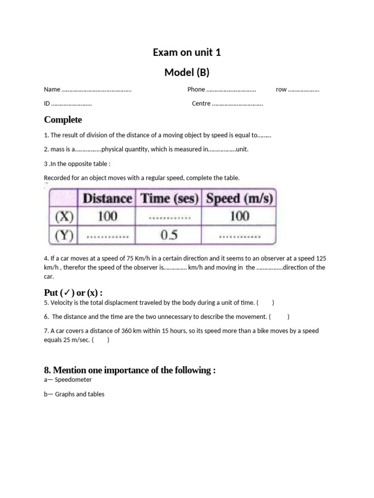 Exam On Unit 1 - Model B With Ans | PDF | Speed | Acceleration