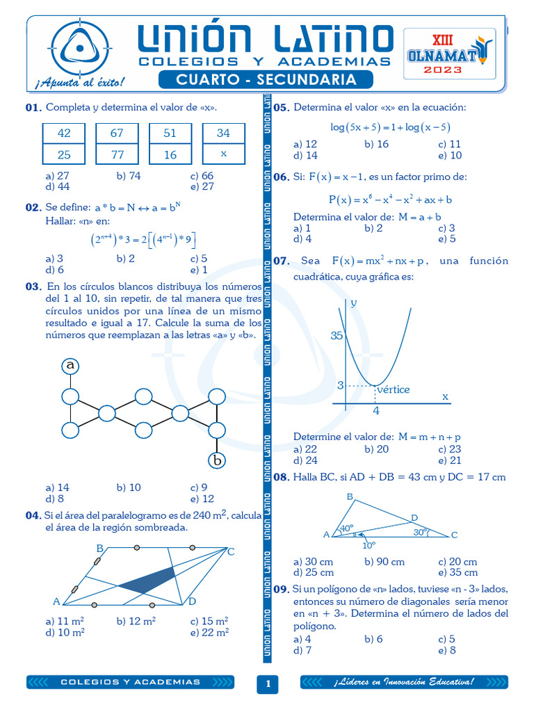 4º Secundaria Concurso Matematica Union Latino 2024 | PDF | Matemática ...