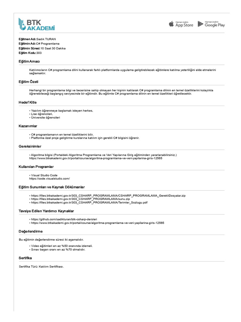 C# Programlama Eğitim Bilgi Formu | PDF