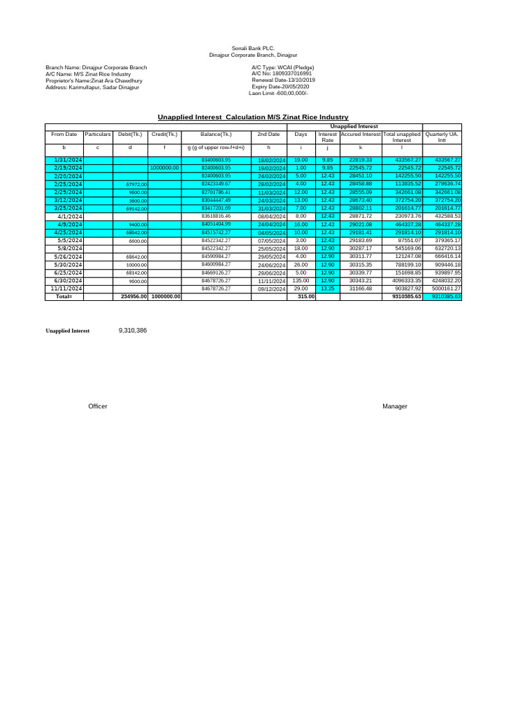 UnApplied Interest Zinat | PDF | Banking | Financial Services