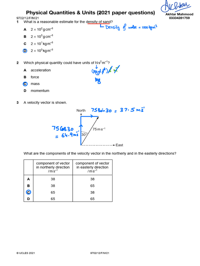 Physical Quantities and Units Exam Questions | PDF | Euclidean Vector ...