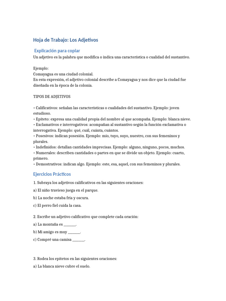 Hoja de Trabajo sobre Adjetivos | PDF | Adjetivo | Morfología Lingüística