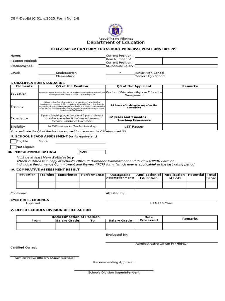 Reclassification Form for School Principals | PDF | Teachers | Teaching