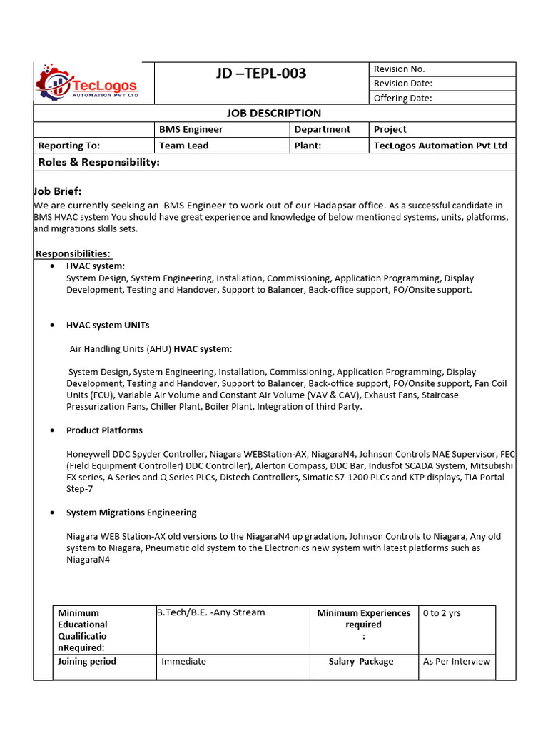 BMS Engineer Job Description at TecLogos | PDF | Electromechanical ...