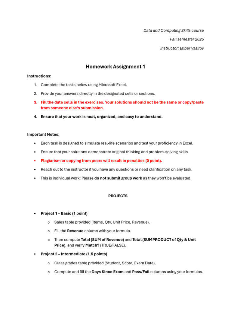 Homework Assignment 1 - (Instructions) | PDF | Microsoft Excel | Computing