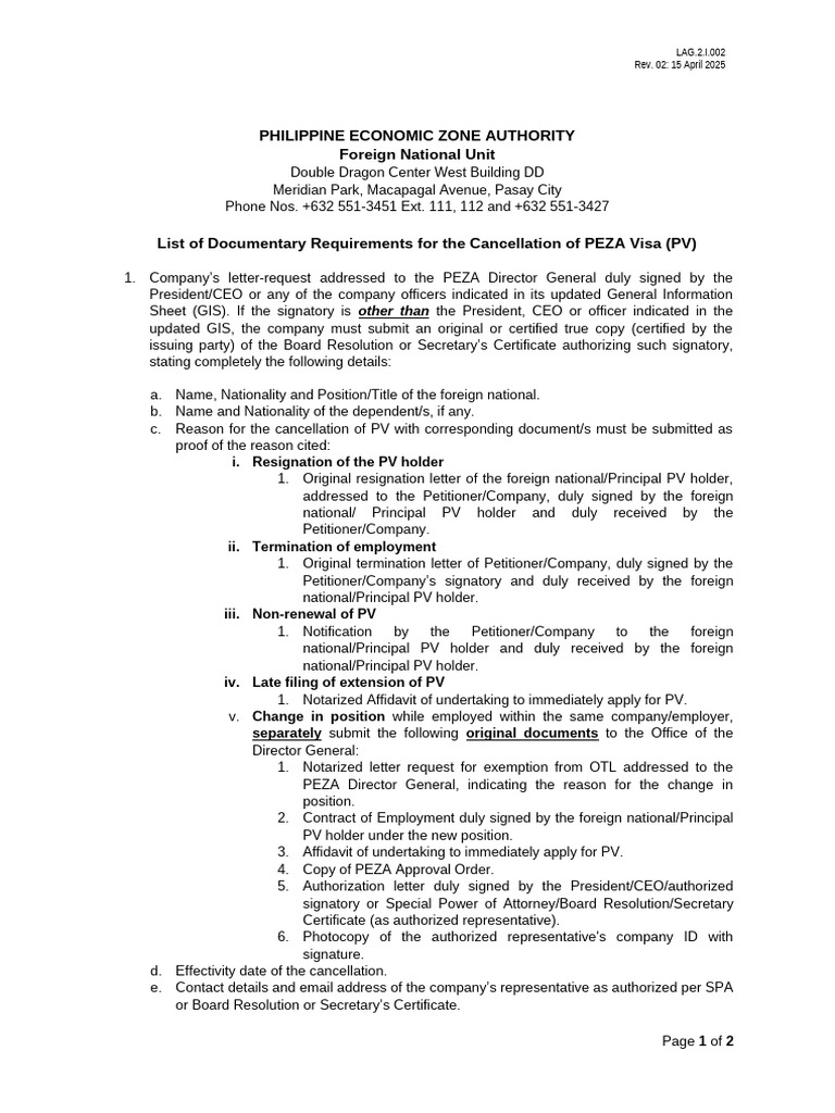 Rev02 List of Documentary Requirements For The Cancellation of Peza Visa PV | PDF | Notary ...