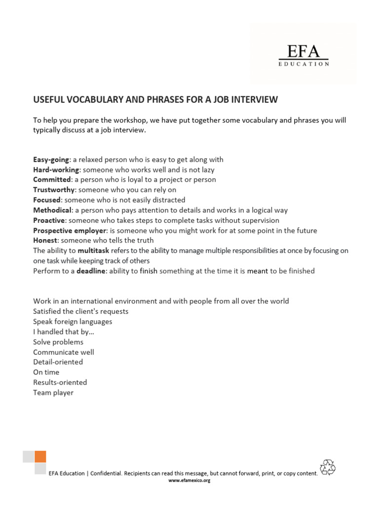 Job Interview Vocabulary Guide | PDF | Job Interview | Human Communication
