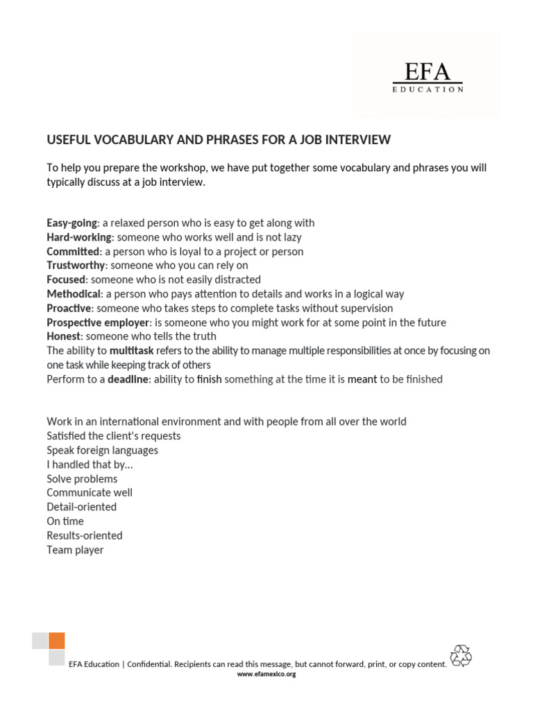 Job Interview Vocabulary Guide | PDF | Job Interview | Social Psychology