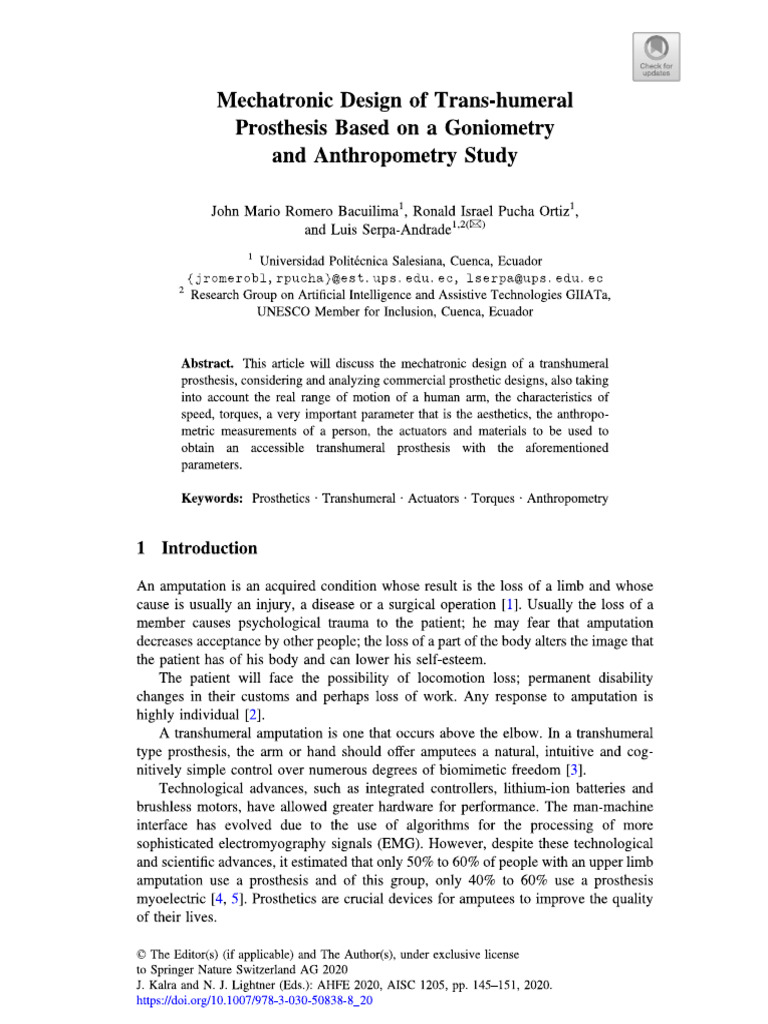 Mechatronic Design of Trans-Humeral Prosthesis Based On A Goniometry and Anthropometry Study | PDF