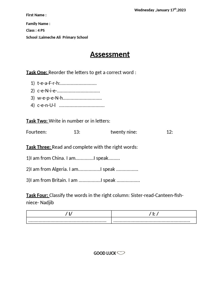 Primary School English Assessment Tasks | PDF