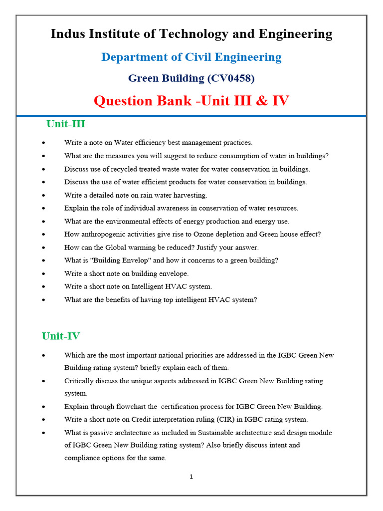 Green Building Unit III & IV Question Bank | PDF | Green Building | Natural Environment