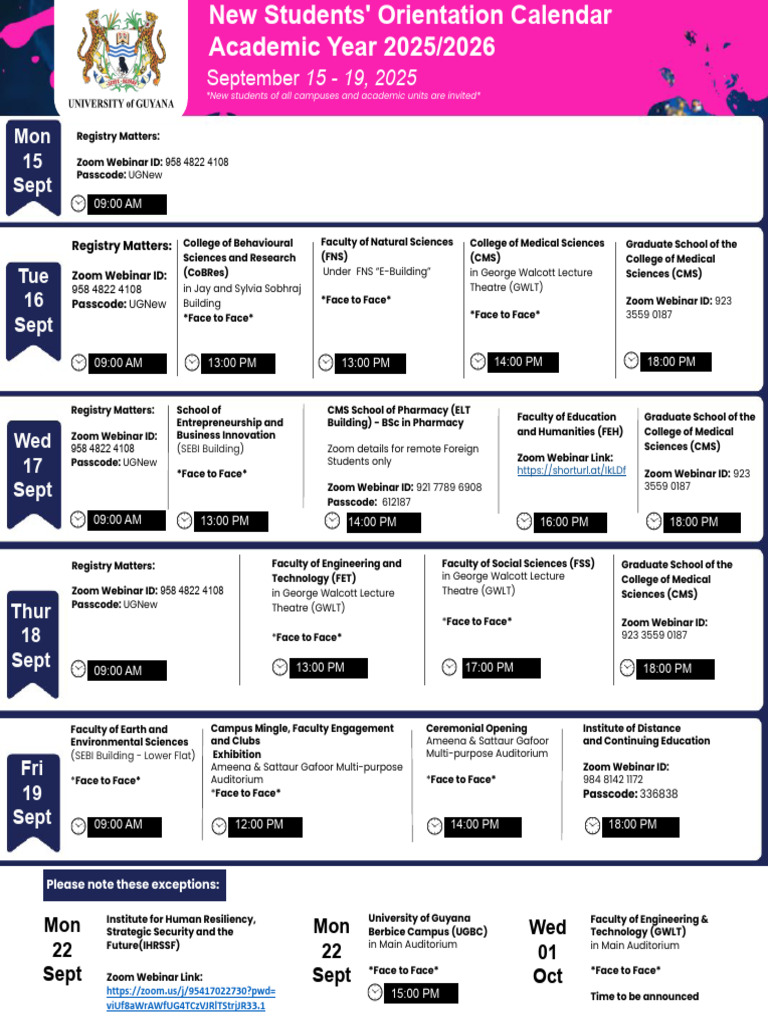 Calendar (at-A-Glance) UG New Students Orientation (2025) - Updated | PDF