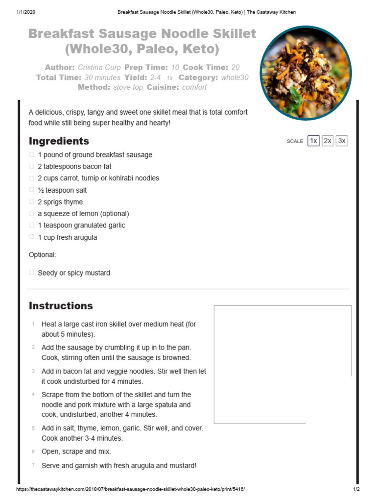 Whole30 - Breakfast Sausage Noodle Skillet (Whole30, Paleo, Keto) - The Castaway Kitchen | PDF ...