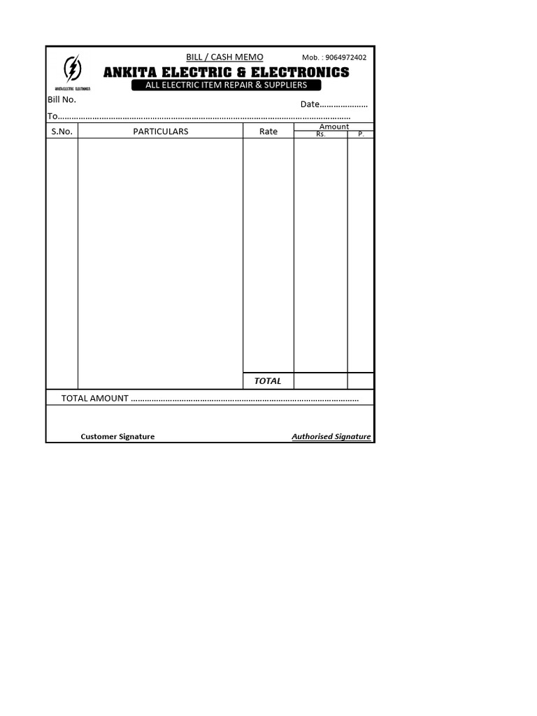 Electric Item Repair Bill Template | PDF