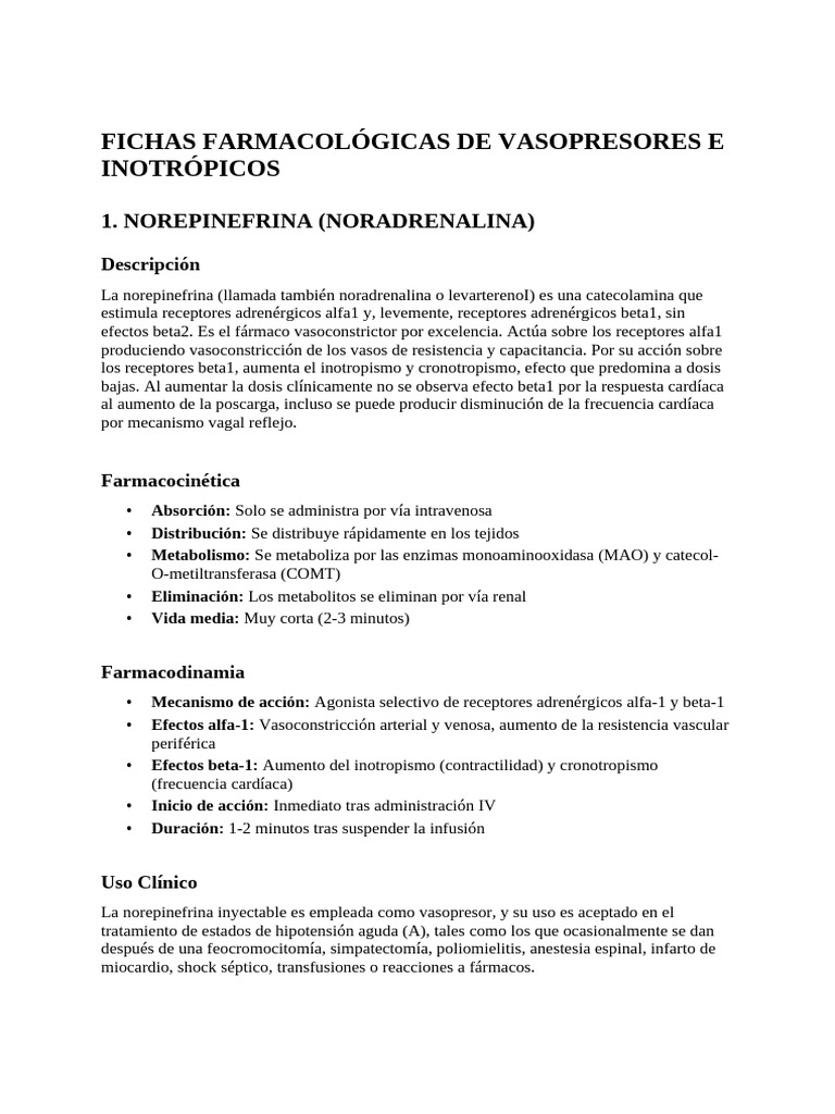 FICHAS_FARMACOLÓGICAS_DE_VASOPRESORES_E_INOTRÓPICOS | PDF ...